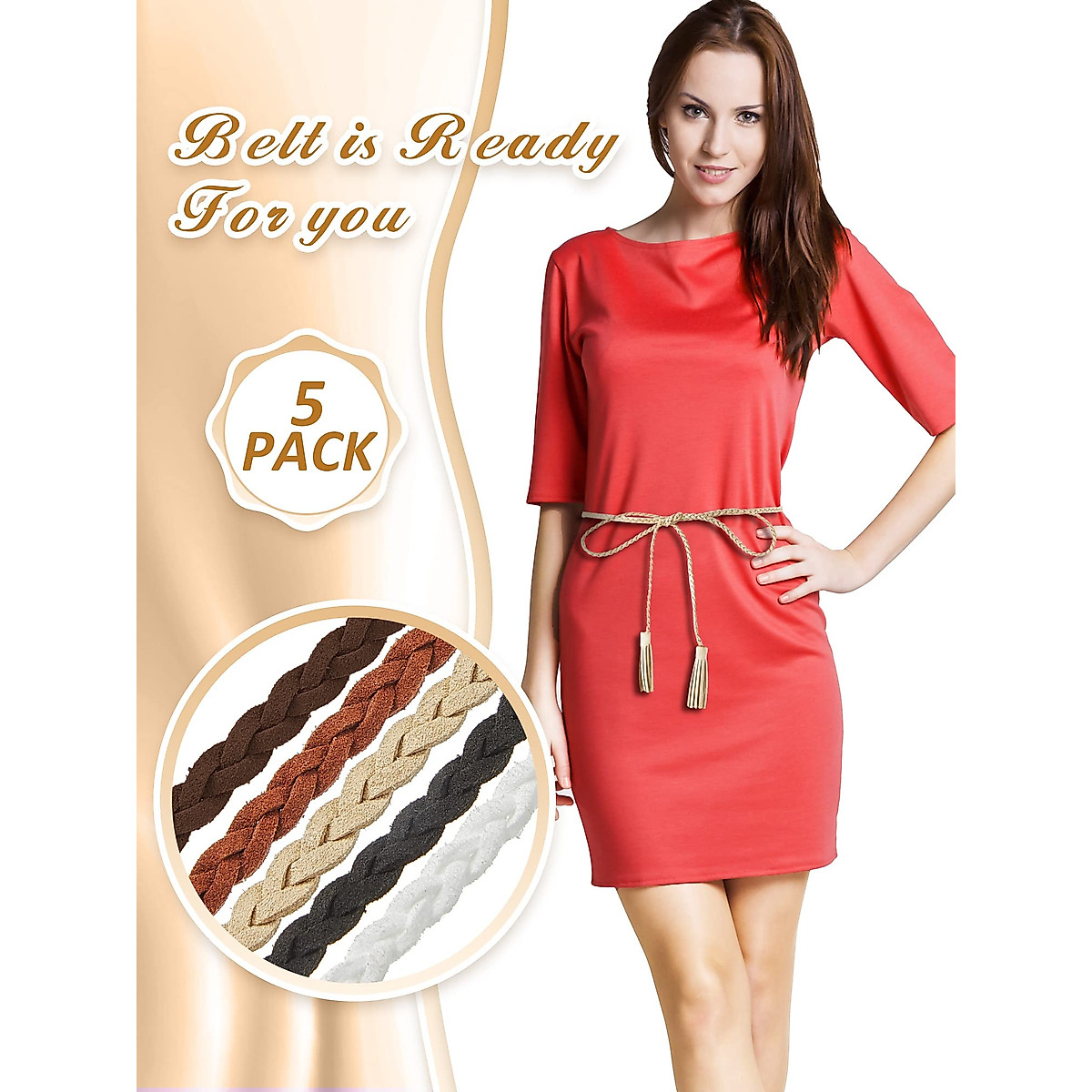 Geyoga 5 Pieces Rope Belt for Women Skinny Woven Boho Belt Braided Belt Stretch Thin Tassel Waist Belt Rope Chain Accessories for Skirt Dress, Christmas Party