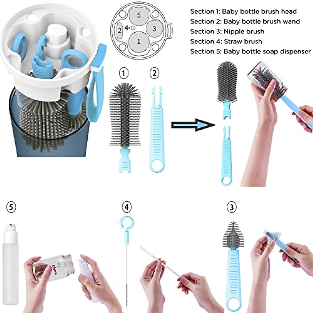 Baby Bottle Brush&Travel Baby Bottle Drying Rack-Portable Baby Bottle Cleaning Silicone Brush, Bottle Cleaner Brush Kit,Toddler Kids Water Bottle Brush Set,New Mom Gifts for Women After Birth (Blue)