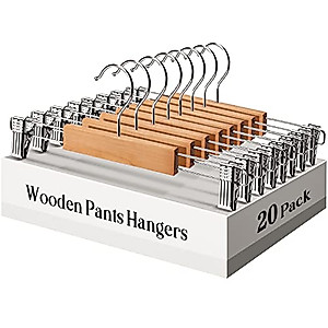 Ulimart Pants Hangers 20Pcs Skirt Hangers for Everyday Use,Wooden Pant Hangers for Adult for Kids,Pants Hangers with Clips Non-Slip,Anti-Rust Hook（Natural