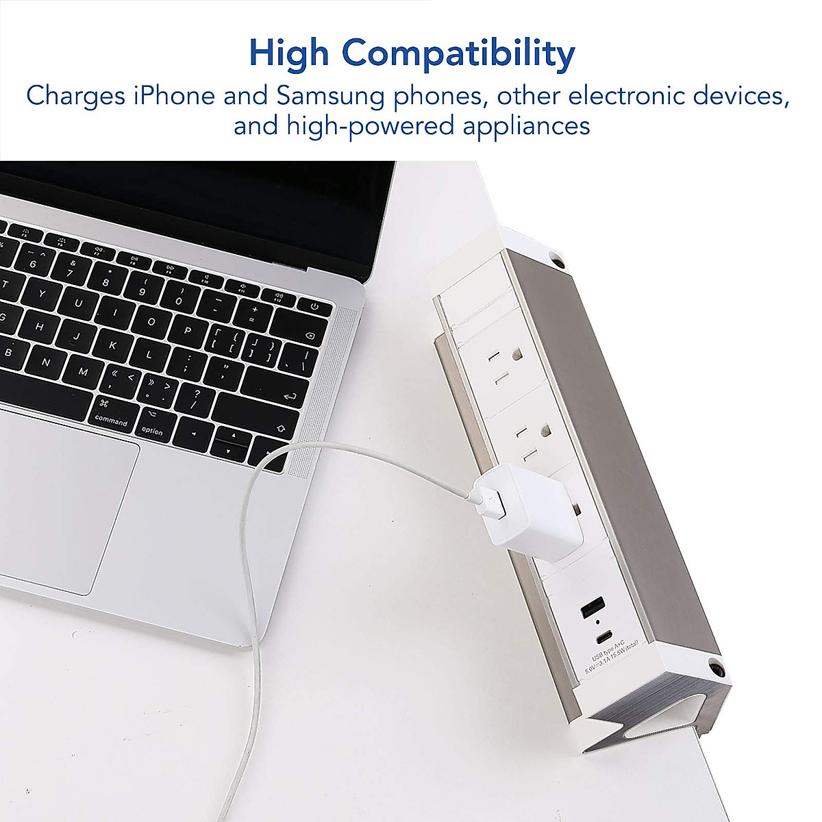 FlexiSpot 3-Outlet Power Strip Desk Clamp, Desk Mount Charging Power Station with 2 USB Charging Ports, Removable Desktop Edge-Mount Power Center with Surge Protection Plugs Output(White)