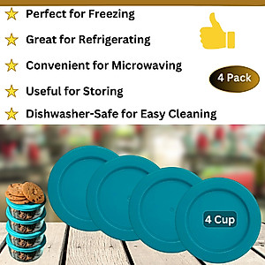 Klare Ware 4 Cup Replacement Lids/Covers for Pyrex 7201, Anchor Hocking & Klare Ware Storage Bowls (Glass Container Not Included) Microwave, Freezer & Top Rack Dishwasher Safe (4 Pack, Turquoise)
