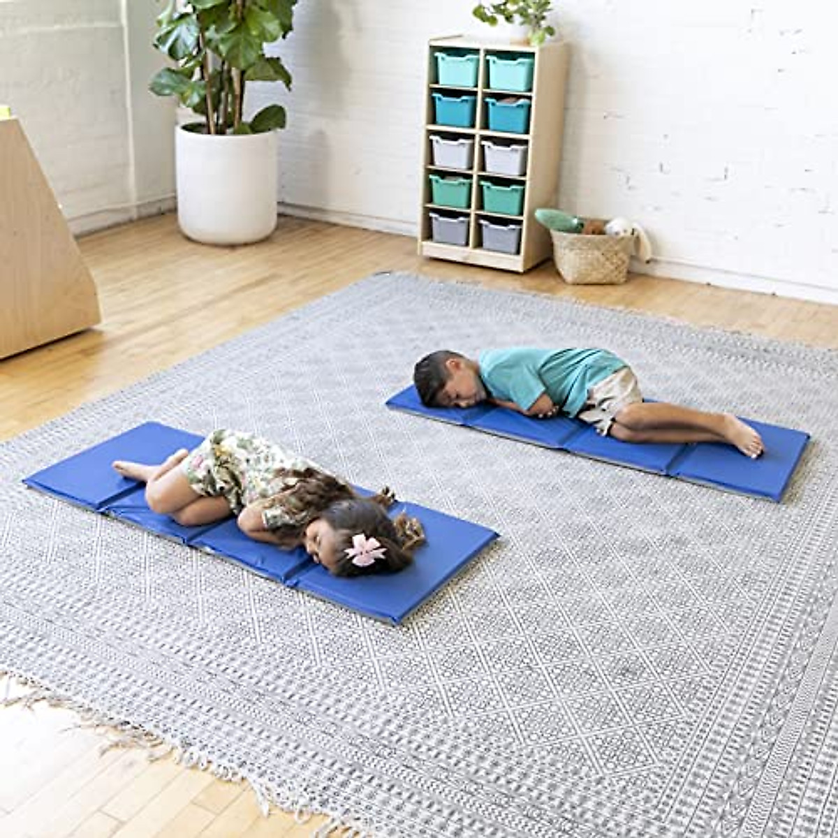 ECR4Kids Everyday Folding Rest Mat, 4-Section, 1in, Classroom Furniture, Blue/Grey