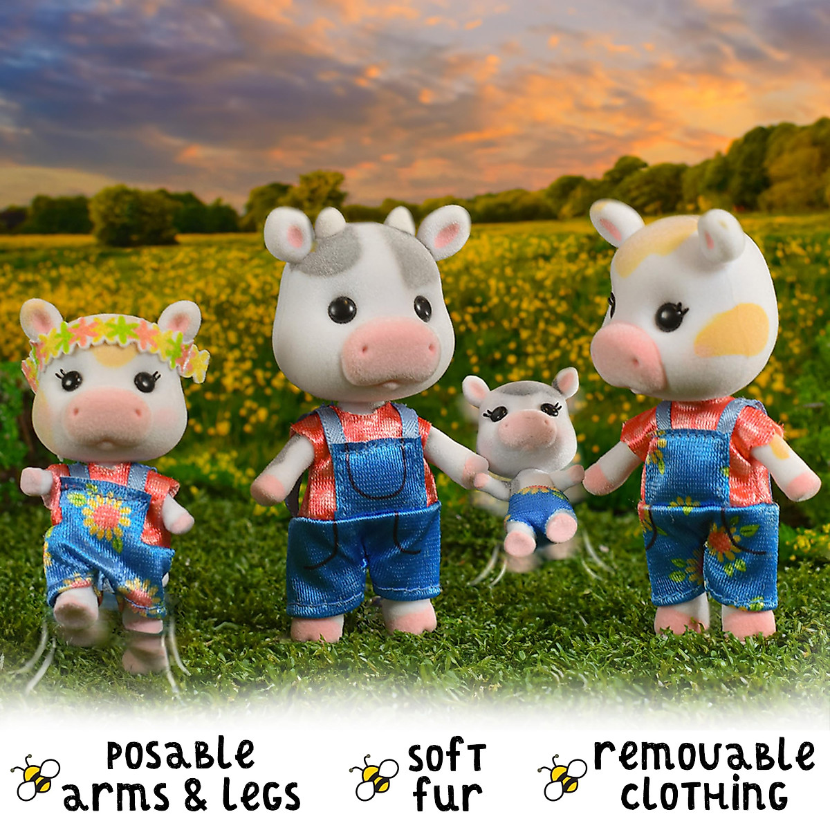Honey Bee Acres The Cloverberrys Cow Family, 4 Miniature Doll Figures, Small