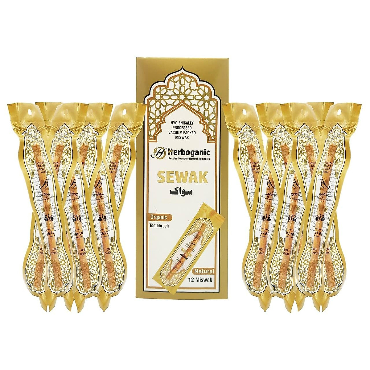 HERBOGANIC Natural Miswak, All Natural Traditional Tooth Brush for Oral Health, Hygiene, Fresh Breath, Light Weight, Vacuum Sealed (Pack of 12)