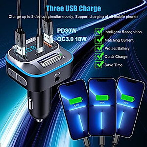 AVNICUD Bluetooth FM Transmitter, 2023 Stronger Hi-Fi Bass Sound Wireless Car Radio Adapter with 7 Colors LED, Hands Free Calls, 30W PD&QC3.0 Fast Charging AUX and U Disk Bluetooth Car Adapter