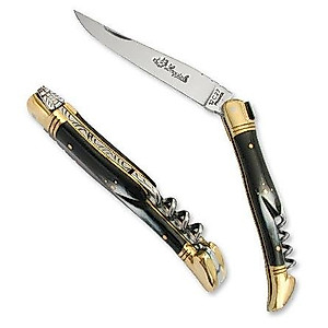 Laguiole pocket knife with Black Horn handle and brass bolsters, corkscrew - Direct from France