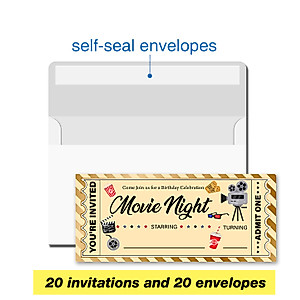 VAHATAN Movie Birthday Party Invitations 20 Pack Movie Ticket Invitations with Envelopes Invites Cards for Birthday Party