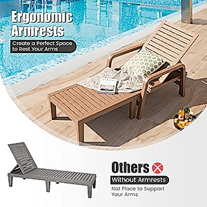 Tangkula Chaise Lounge Chair for Outside, Waterproof PP Patio Lounger with 4-Level Adjustable Backrest and Wood Texture Surface, Outdoor Recliner Chair with Armrests for Poolside Backyard (1, Natural)