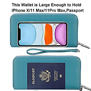 Lavemi Women's RFID Blocking 100% Leather Large Capacity Zip Around Wallet Phone Holder Clutch Travel Purse Wristlet(Large Size Light Green)