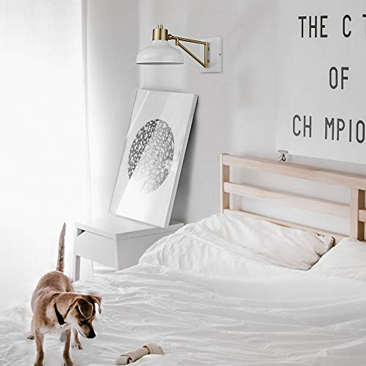 Globe Electric 51344 1-Light Plug-in or Hardwire Swing Arm Wall Sconce, White, Brass Accents, White Cloth Cord, Wall Lighting, Wall Lights for Bedroom, Kitchen Sconces Wall Lighting, Home Décor