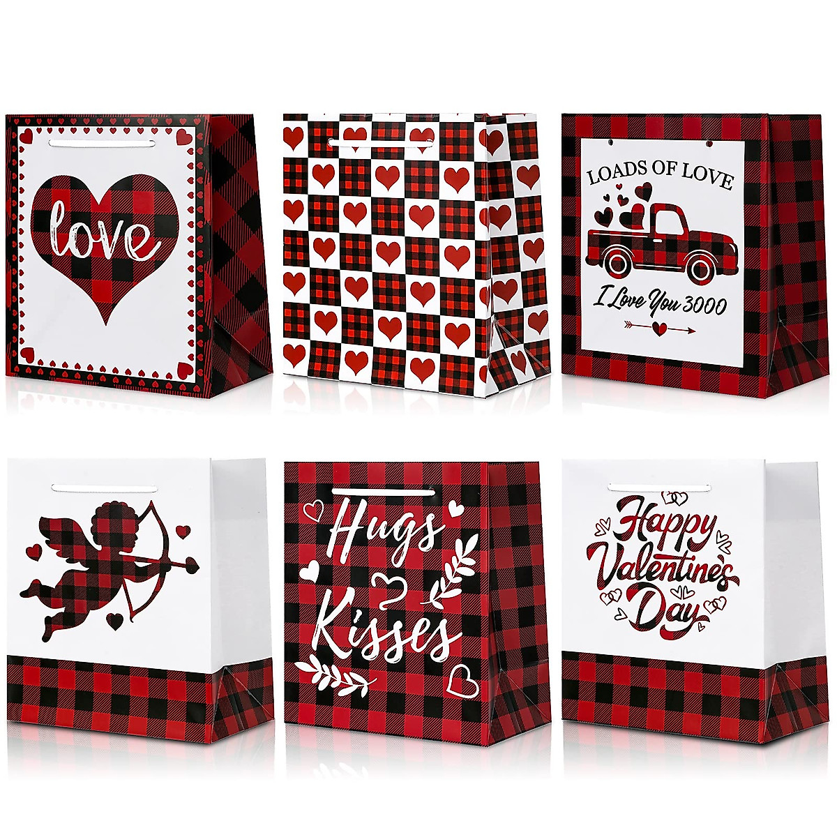 Whaline 12Pcs Valentine's Day Paper Gift Bags with Handle Red Black Buffalo Plaids Candy Goodie Bag Love Heart Truck Cupid Pattern Treat Bags Party Favor Bag for Wedding Engagement Wrapping Supplies