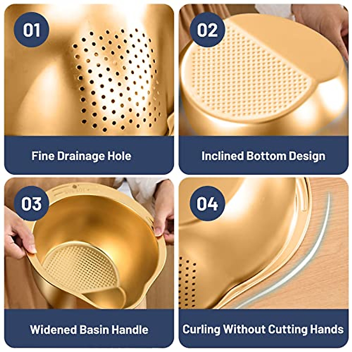 2pcs Multifunctional Drain Basin And Vegetable Washing Basin, Rice Washing Bowl with Strainer, Stainless Steel Side Drainers for Fruits, Vegetables and Beans Versatile Kitchen Tool (Gold)