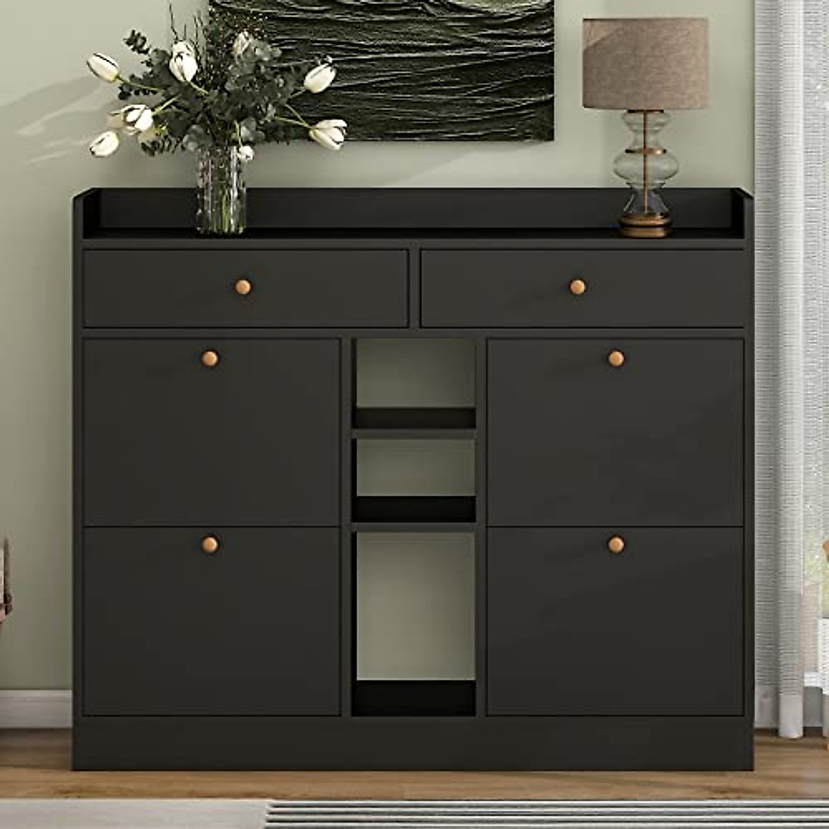 SSLine Boho 4-Door Shoe Cabinet with 2 Drawers Free-Standing Shoe Rack Modern Black Wood Shoe Storage Organizer w/Flip Down Storage Shelves for Entryway Hallway Small Space