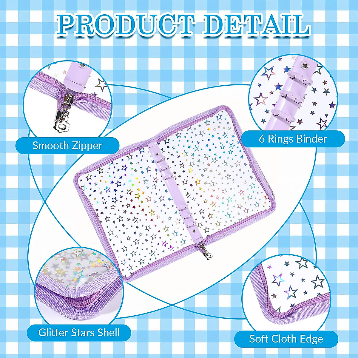 NEWEST A5 Budget Binder Cover with Zipper for Cash Budget System, Glitter Stars A5 6 Ring Binder Planner, Clear PVC Refillable Notebook Shell for Journal Albums Diary School Office Supplies, Purple