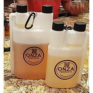 Onza Perfecta 16 oz Plastic flask for liquor hidden with 1 ounce shot glass dosage chamber (16 oz / 473 ml). Included carabiner.