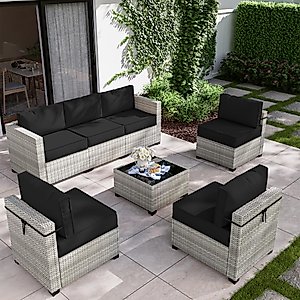 Kimunuk 7-Piece Outdoor Patio Furniture Set with 5" High-Resiliency Seat Cushions, Light Grey Gradient Wicker Sectional Sofa, Modular Wicker Patio Conversation Set, with Coffee Table-Grey/Black