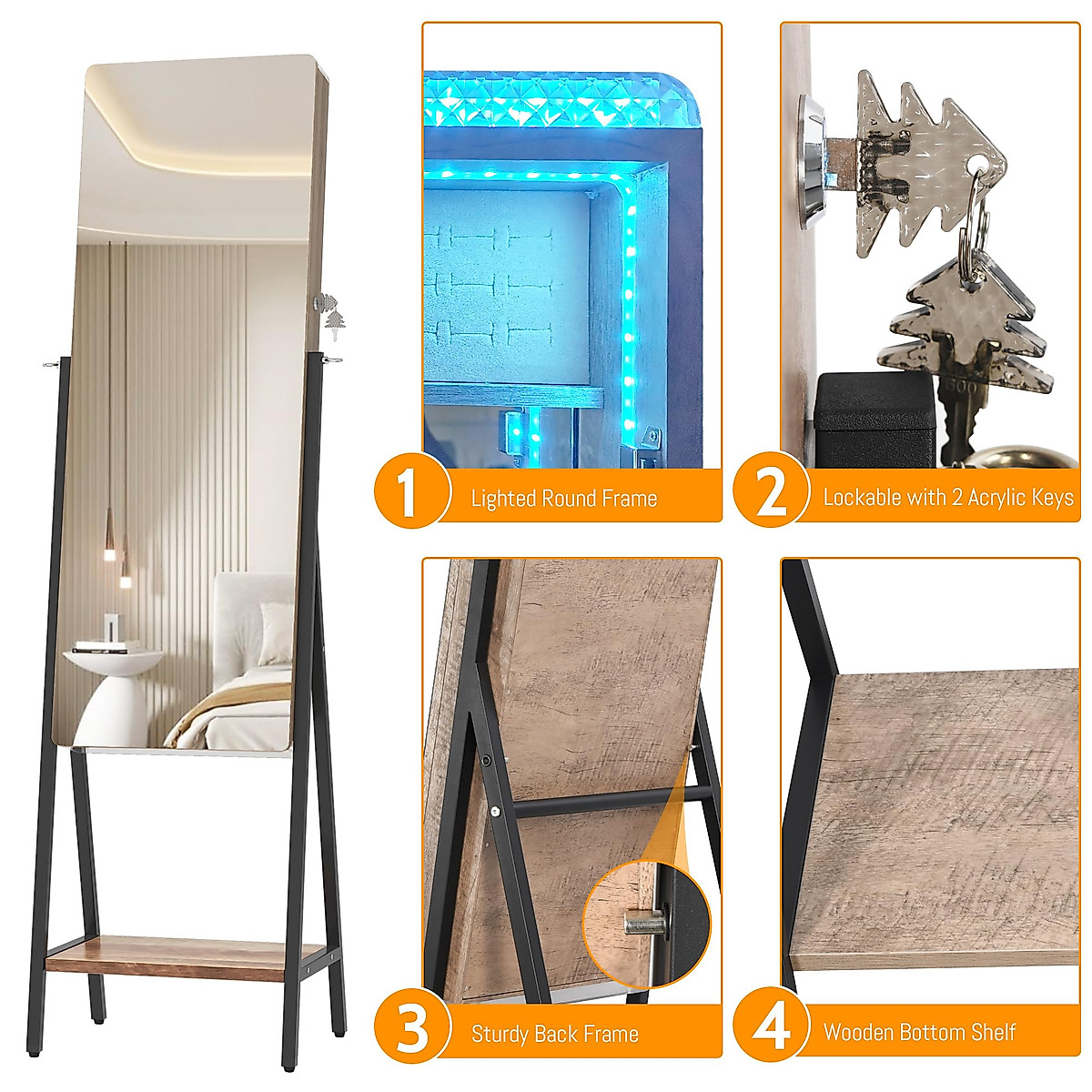 LVSOMT LED Standing Jewelry Mirror Cabinet, Stand Up Full Length Mirror with Storage, Lockable Floor Jewelry Armoire Organizer with 2 Drawers, Bottom Shelf, Built-in Lighted Makeup Mirror (Brown)