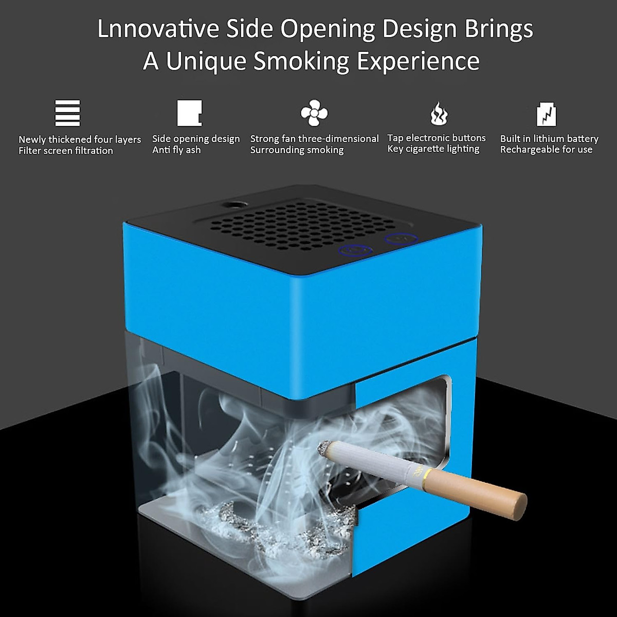 VTAR Ashtray Smokeless with Lighter USB-C Rechargeable Indoor Household or Office Smoke Exhaust Ashtray(Blue)