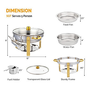 ROVSUN 5QT 8 Packs Chafing Dish Buffet Set Gold Accent, Round NSF Stainless Steel Buffet Warmer Chafers and Buffet Warmers Sets with Glass Lid & Lid Holder for Catering Events Parties Weddings Dinners