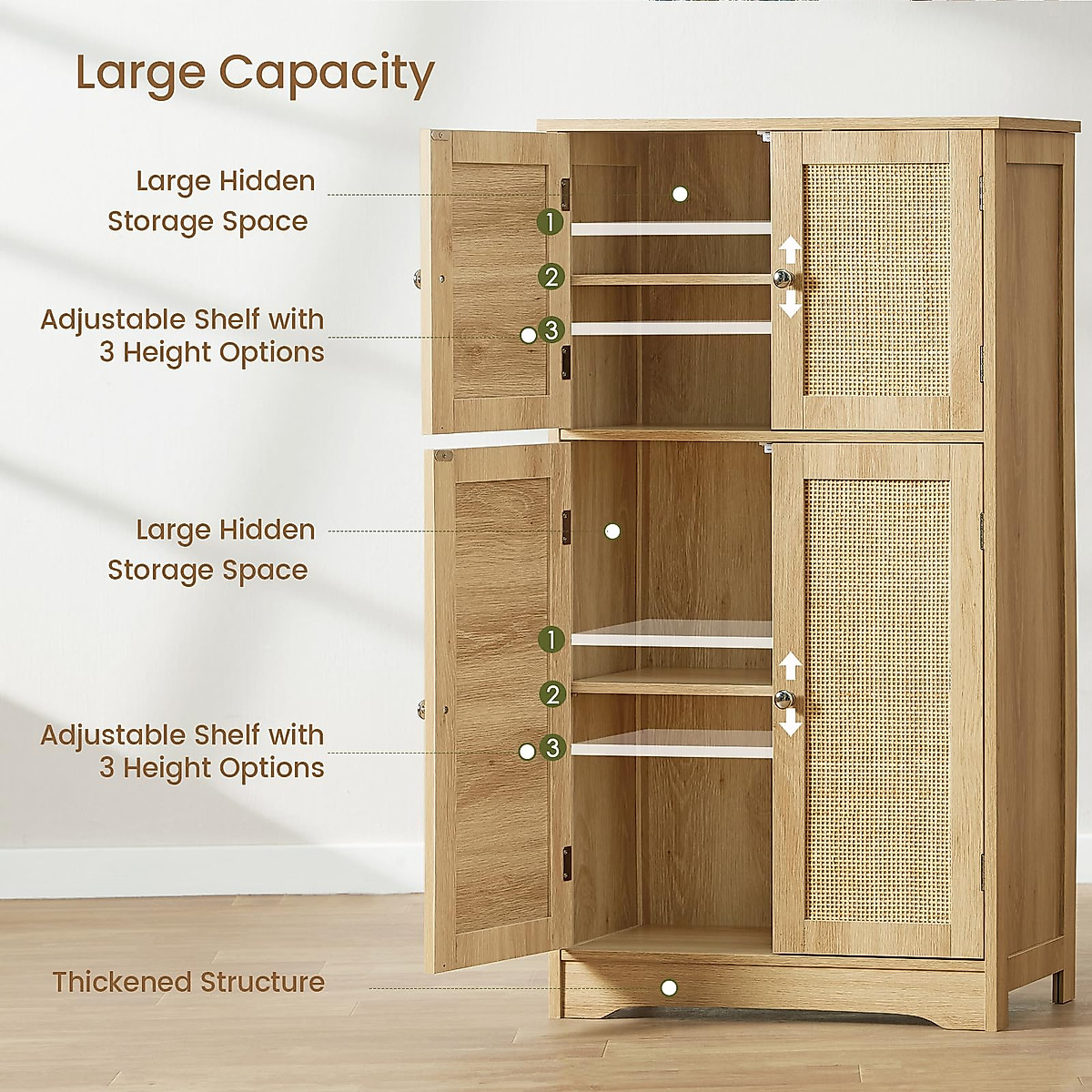 Iwell Storage Cabinet, Rattan Cabinet with 4 Rattan Doors & Adjustable Shelf, Bathroom Floor Cabinet for Living Room, Entryway, Home Office, Natural