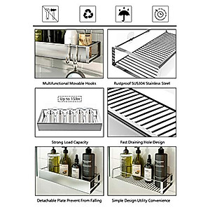 Roseyat Bathroom Adhesive Shower Caddy Basket Shelf with Hooks, No Drilling Removable Bathroom Shelf Organizer,Stainless Steel Rustproof Shower Rack for Shampoo Storage, Sponge Holder-Silver