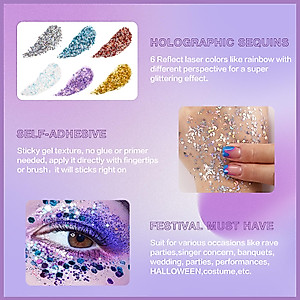 BADCOLOR Gold Face Body Glitter Gel, Holographic Shimmer Chunky Glitters Makeup for Hair Nails Eye Lips, Music Festival Concert Rave Accessories Party, Long Lasting Sparkling Mermaid Sequins Gel Kit