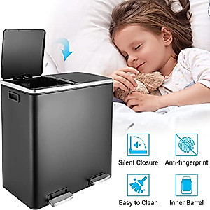 AthLike 60L(16 Gal) Dual Trash Can, Stainless Steel Kitchen Garbage Can, Double Compartment Classified Rubbish Bin, Recycle Dustbin w/Plastic Inner Buckets, Handle, Soft-Close Lid, Airtight