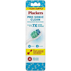 Plackers Pro Sonic Clean Replacement Brush heads, 1 Year Supply - 4Count (fits Philips Sonicare Click-On Electric Toothbrushes), 4Count