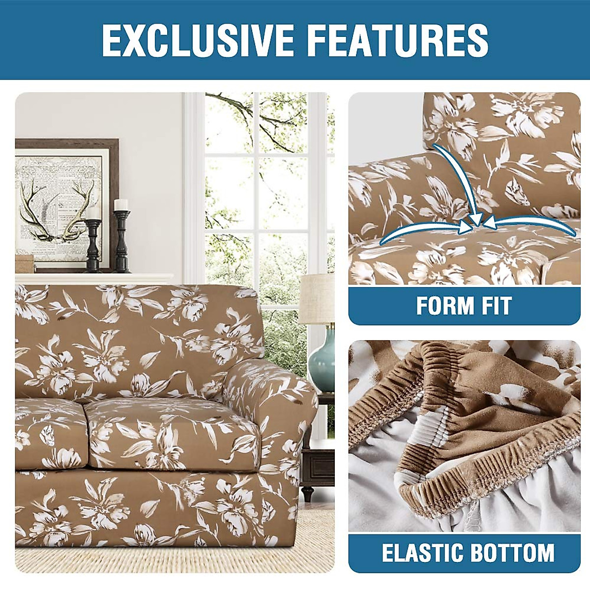 H.VERSAILTEX Super Stretch 3 Pieces Sofa Covers for 2 Cushion Couch Covers Sofa Slipcovers Feature Soft Thick Bouncy Modern Style with Individual Cushion Covers Pet Friendly - Loveseat, Camel