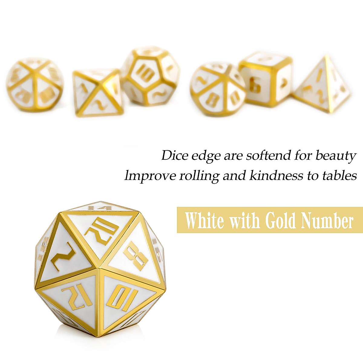 ALLCOLORED 16mm DND Metal Dice Set White Gold 7 Pieces Polyhedral Dice D&D with Metal Case and Velvet Bag for Playing Tabletop Roleplay Games Dungeons and Dragons