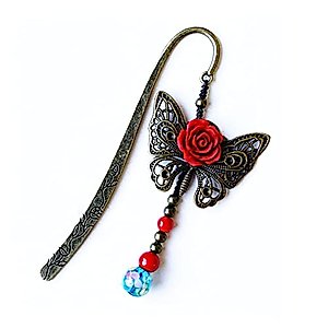YIRUZWRD Classic Metal Bookmark Rose Flower Butterfly Design Bead Pendant Beading Bookmark