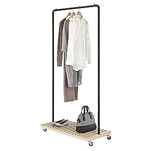 Whitmor Slat Wood Garment Rack - Freestanding Rolling Clothing Organizer - New Zealand Pine Shelf