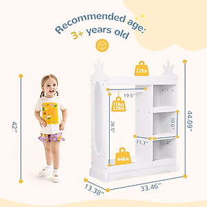 Curipeer Kids Dress up Storage with Mirror, Kids Wardrobe with 3 Hooks, Kids Closet for Girls Boys, Kids Armoire Costume Organizer for Bedroom, White