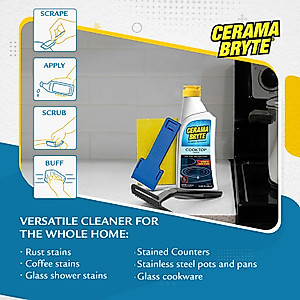 Cerama Bryte Combo Kit POW-R Grip, Scraper, Pads & Removes Tough Stains Cooktop and Stove Top Cleaner for Glass - Ceramic Surfaces, 10 Ounces, 6 Piece