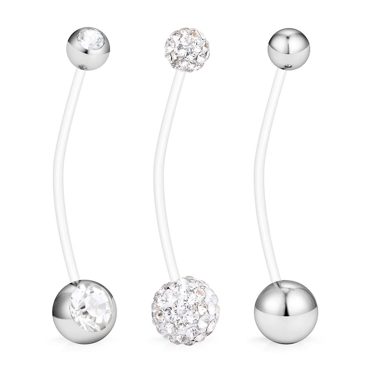 Hoeudjo 14G 1 1/2 Inch CZ Sports Pregnancy Maternity Flexible Bioplast Long Belly Button Rings Navel Retainer Body Piercing Set of 3 Silver