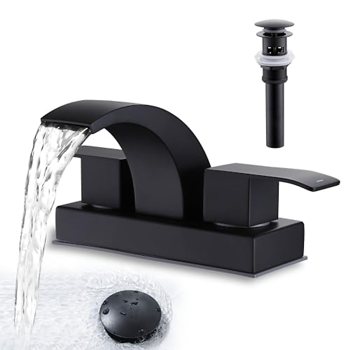 BANGPU 4 Inch Centerset Sink Faucet 3 Hole Centerset Sink Faucet 2 Handle Bathroom Basin Faucet Waterfall Lavatory Vanity Faucet 4 Inch with Pop Up Drain, Matte Black