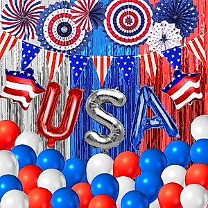 4th of July Patriotic Party Decorations 48PCS Independence Day Decorations with Red White and Blue BalloonsUSA Flag Pennant BannerStar BalloonsUSA Foil Balloons Paper Fans for National Day