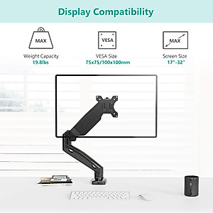 WALI Single Monitor Arm Mount Stand Fully Adjustable Gas Spring Arm Desk Mount Swivel Bracket with C Clamp, Grommet Mounting Base for Display Up to 32 Inch,19.8lbs. Capacity (GSMP001), Matte Black