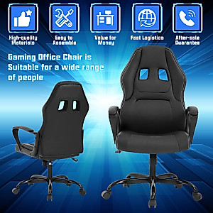 Gaming Chair PC Office Chair Ergonomic Gamer Chair PU Leather Executive Computer Chair with Lumbar Support High Back Adjustable Rolling Swivel Desk Chair for Adult Teen, Black