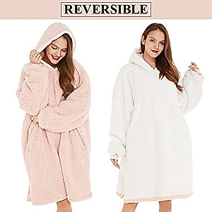 LetsFunny Oversized Blanket Sweatshirt, Plush Wearable Blanket with Pocket, Super Warm Cozy Sweatshirt Hooded Blanket for Adult Women Men Teens, One Size Fits All (Light Pink, Adult)