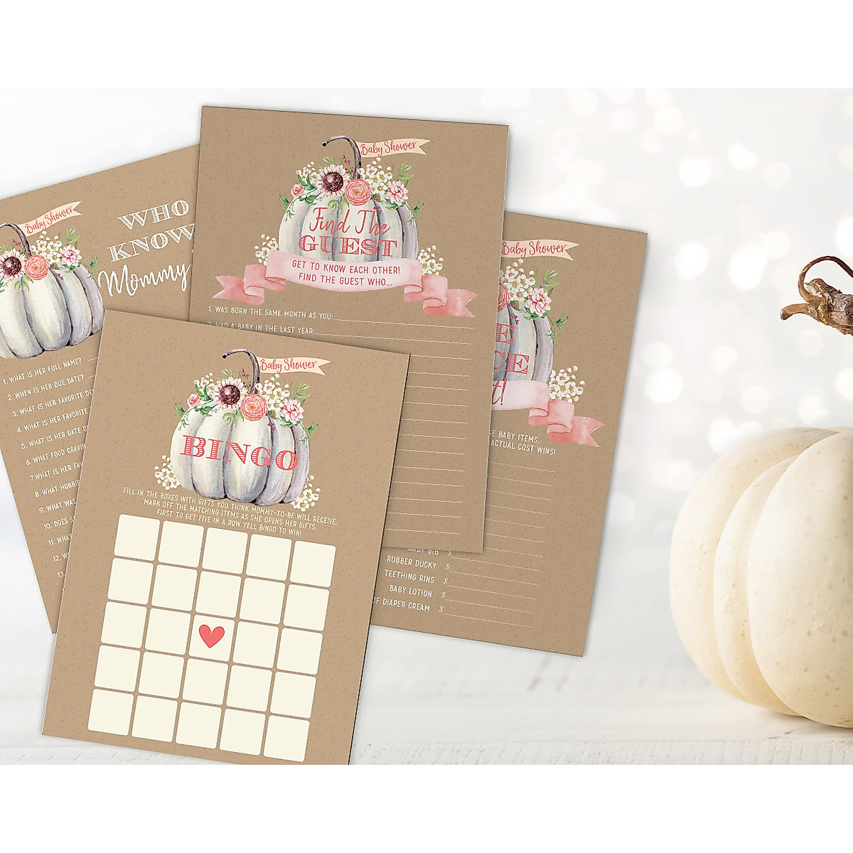 Your Main Event Prints Fall Pumpkin Baby Shower Games - Neutral Yellow - Bingo, Find The Guest, The Price is Right, Who Knows Mommy Best - 25 Games Each, Printed Front and Back, 1 Game Per Side