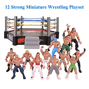 32Pcs Wrestling Toys for Kids, Wrestlers Playset with 12 Wrestling Action Figures, 2 Wrestling Rings, Many Realistic Accessories, Toy Figures & Playset Gift for 2 3 4 5 6 Boys Girls, Cool Cake Toppers
