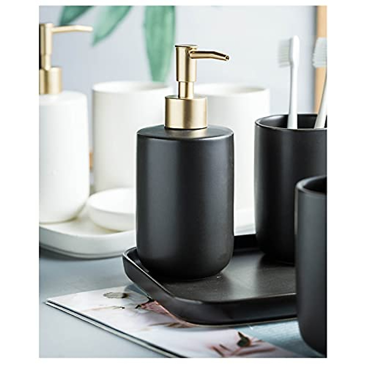 LJXX Bathroom Accessory Set, 4 Pieces Ceramic White Bathroom Accessories for Home and Hotel,Includes Soap Dish, Soap Dispenser Pump, Tumbler, Toothbrush Holder (White)