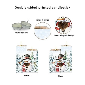 Winter Snowman Candle Holder with Tea Light, Vintage Wood Tealight Candle Stick Holder Pillar Centerpiece, Heart-Shaped Tall Wooden Tea Light Candle Holders Decor Set Winter Christmas Snowflake