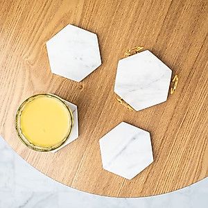 Cork & Mill Marble Coasters for Drinks - Set of 4 Handcrafted Hexagon Coasters with Holder