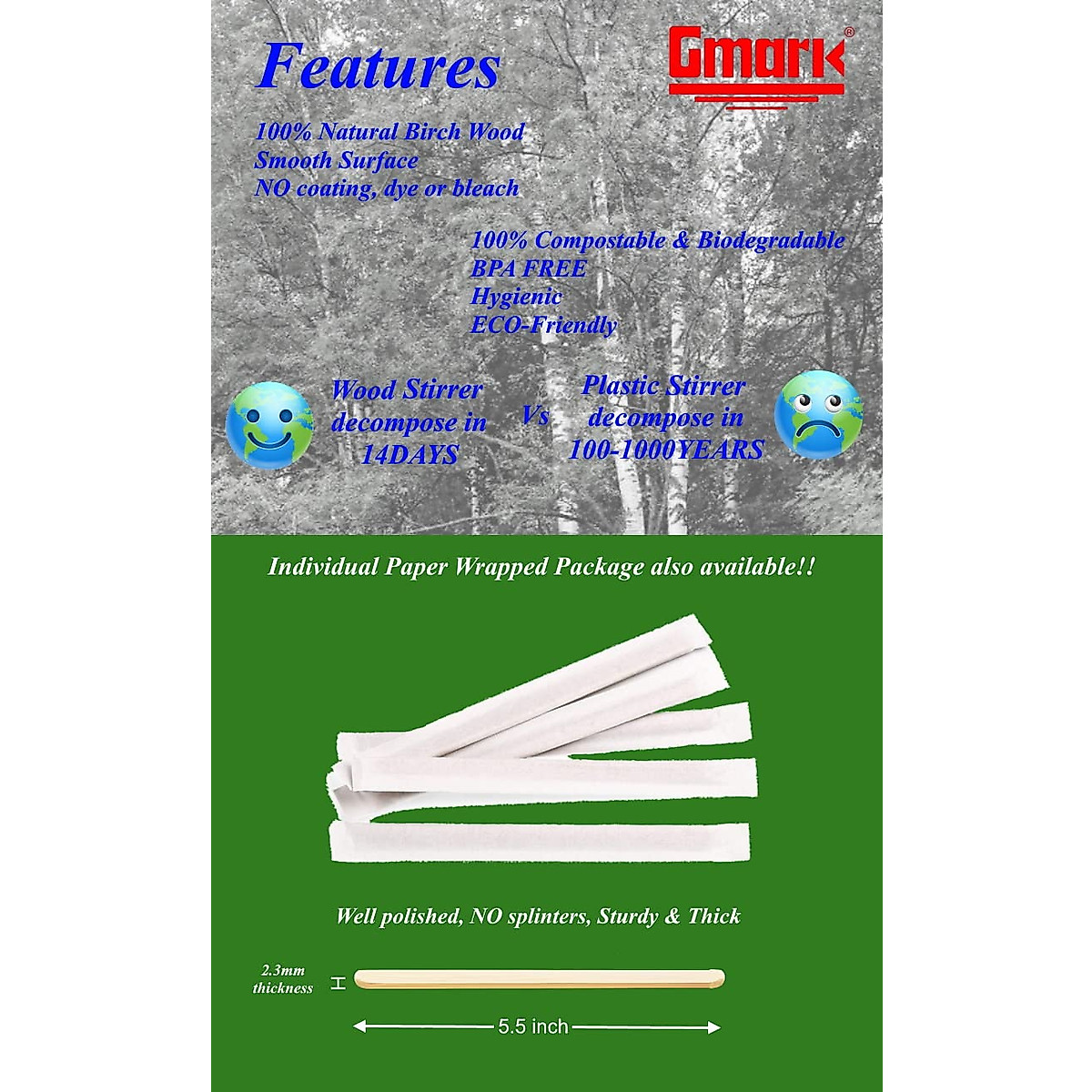 Gmark 5.5" Premium Wood Stirrer 2.3mm Thick Individual Wrapped 200 pc - Wood Coffee Stir Sticks for Tea Beverage, Corn Dog Stick Craft Stick 200/Bag GM1115D