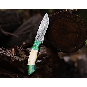 ADAM KNIVES Fixed Blade Damascus Steel Hunting Knife With Leather Sheath, 9'' Full Tang Skinning, Non-Slip Wooden Handle, Camping (Green Wood)
