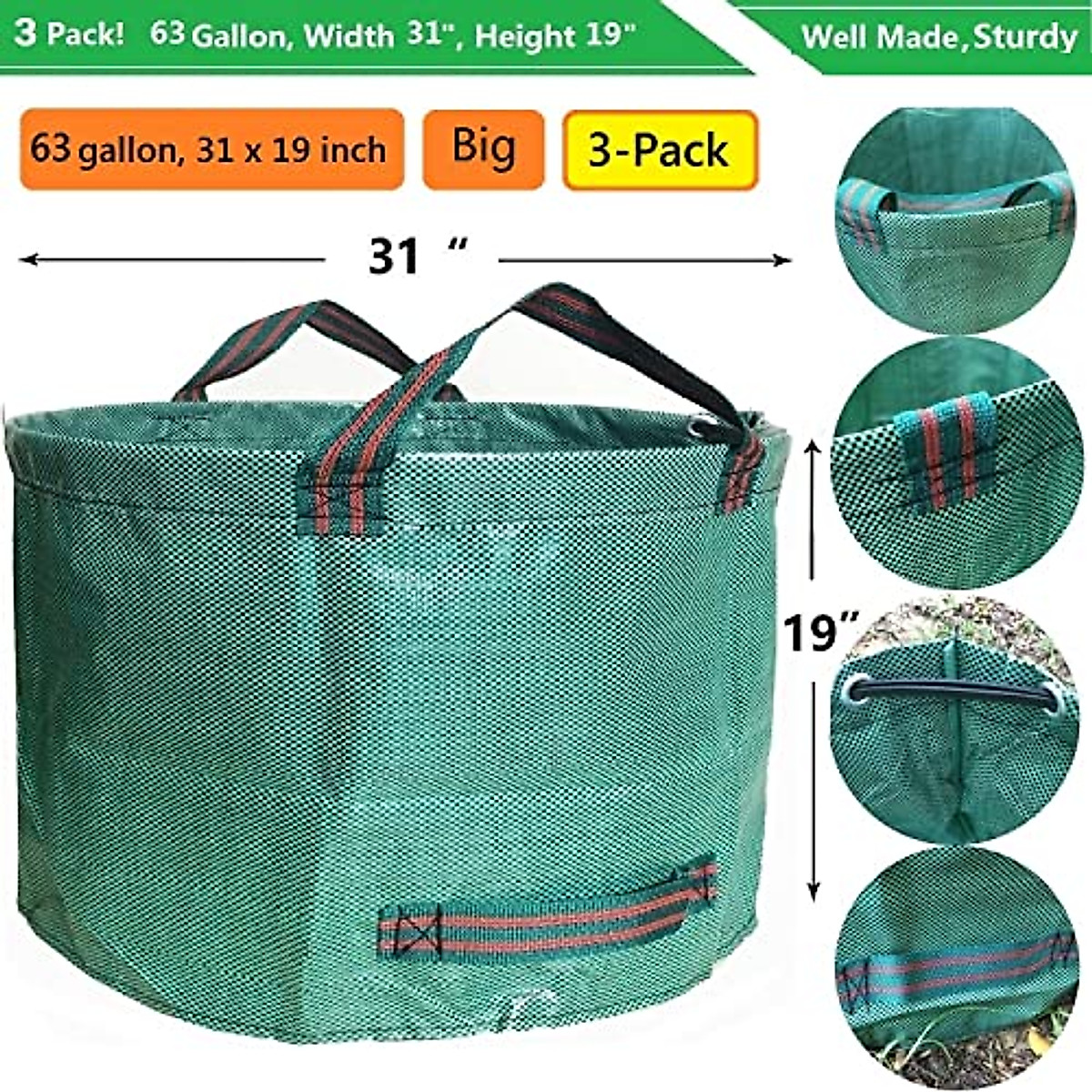 Professional 3-Pack 63 Gallons Lawn Garden Bags (D31, H19 inches) Reusable Yard Waste Bag with Gardening Gloves - Patio Standable Bag,Leaf Bag,Trash Containers,Plant Clippings Bag with 4 Handles