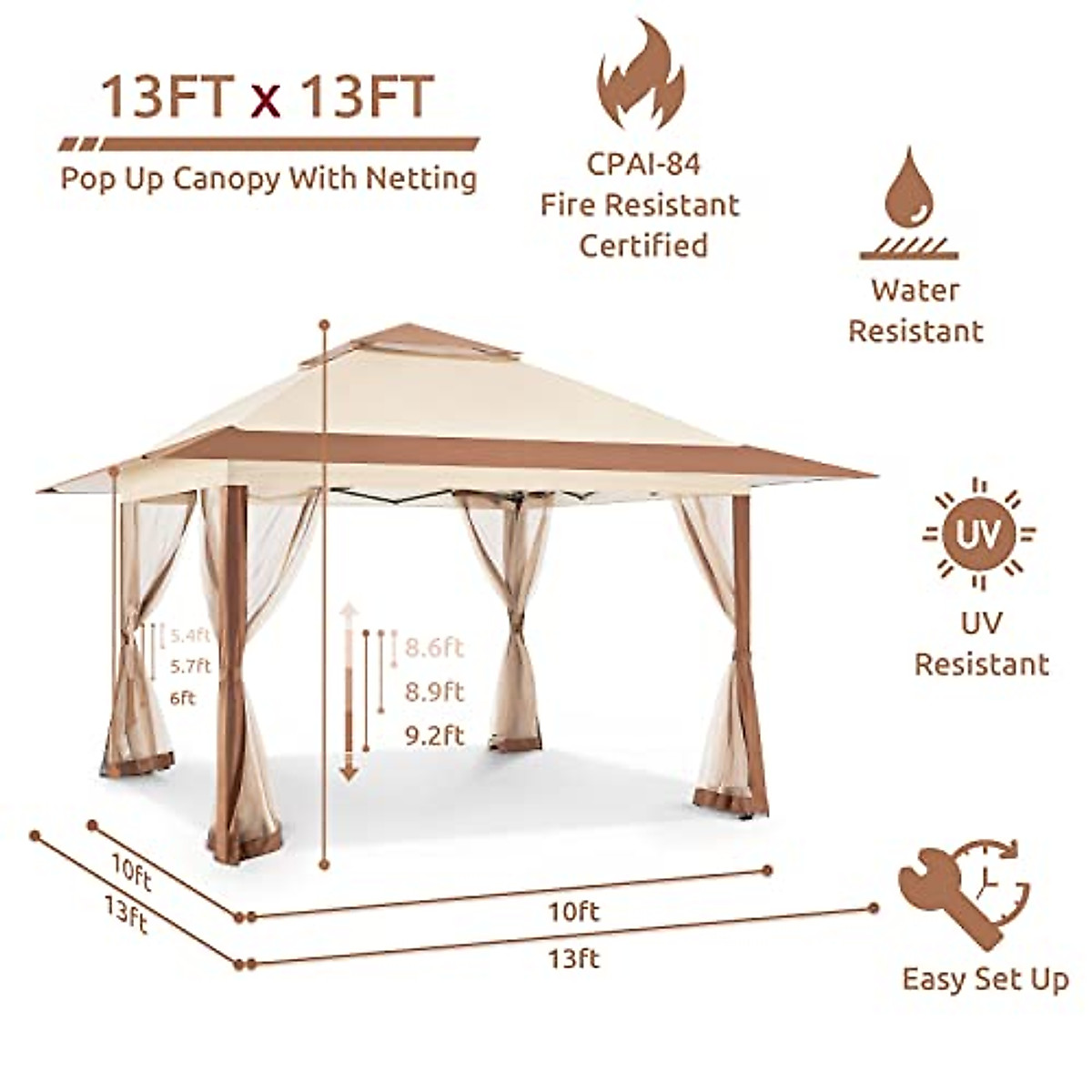 UDPATIO Pop Up Gazebo 13'x13' Patio Gazebo Tent Instant, Outdoor Gazebo with Mosquito Netting, Metal Frame Outdoor Canopies for Shade and Rain for Lawn, Garden, Backyard and Deck, Beige