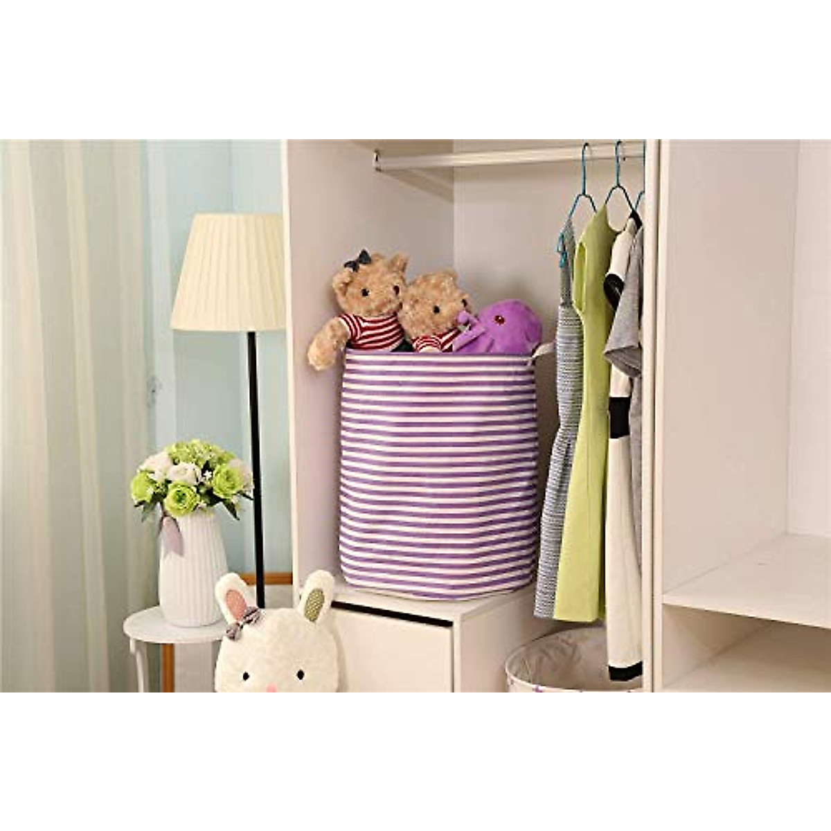 Sea Team 19.7-Inch Canvas Laundry Hamper and 16.5-Inch Canvas Storage Basket Bundle, Purple Stripe
